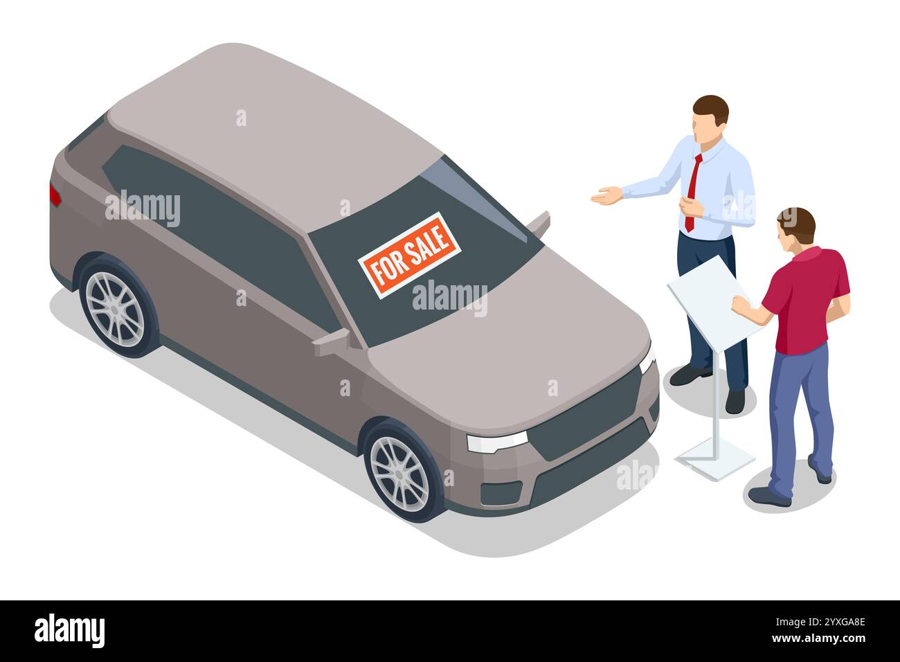 Two people discuss a gray car with a For Sale sign in an isometric ...