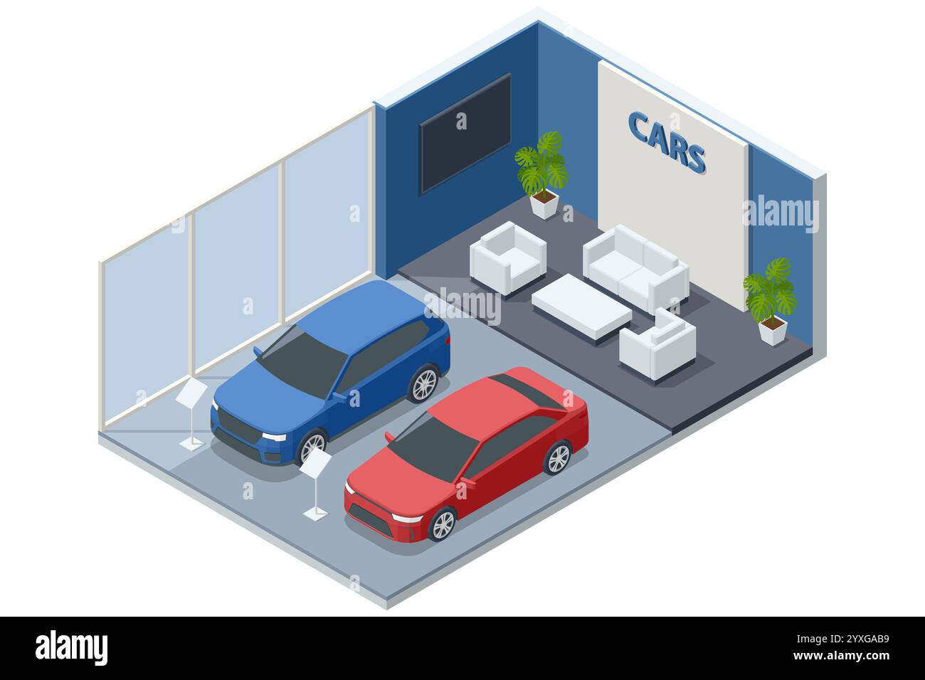 An isometric car showroom featuring a blue and red car on display. The ...