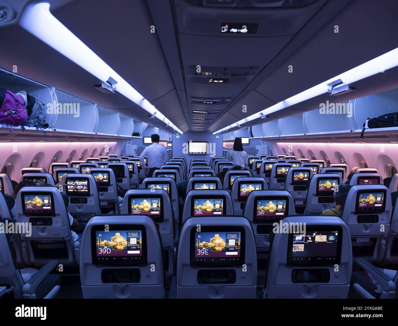 Aircraft interior, empty cabin, seats with screens, Qatar Airways Stock ...