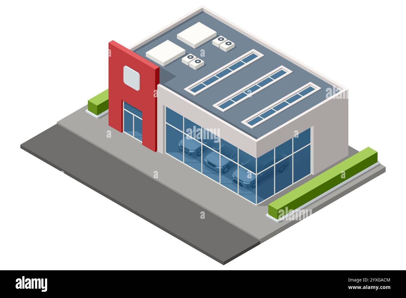 An isometric view of a modern car dealership building with a red facade ...