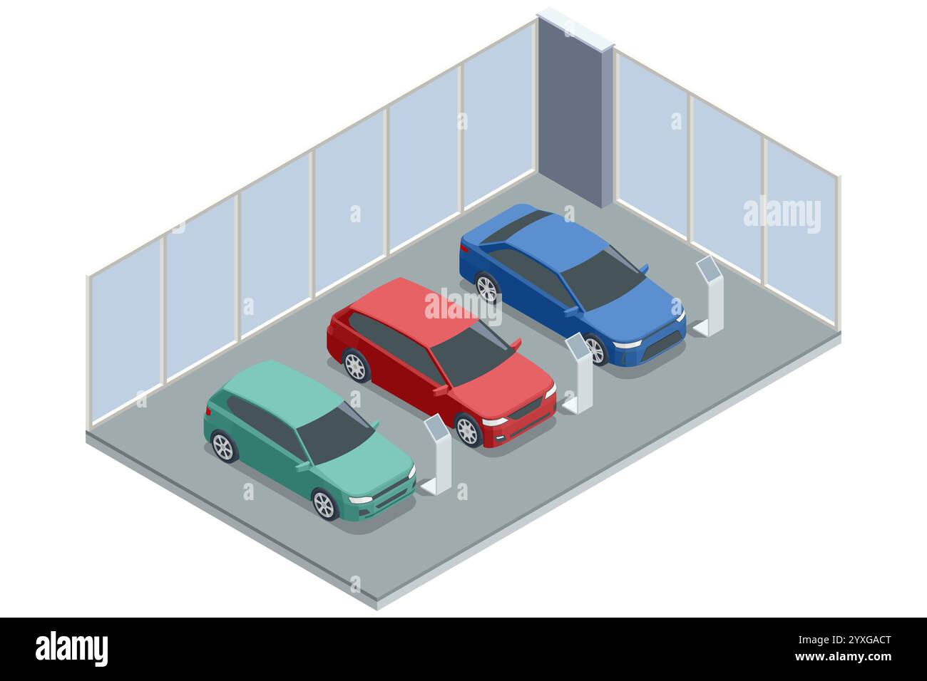 An isometric car showroom interior displaying three vehicles in green ...