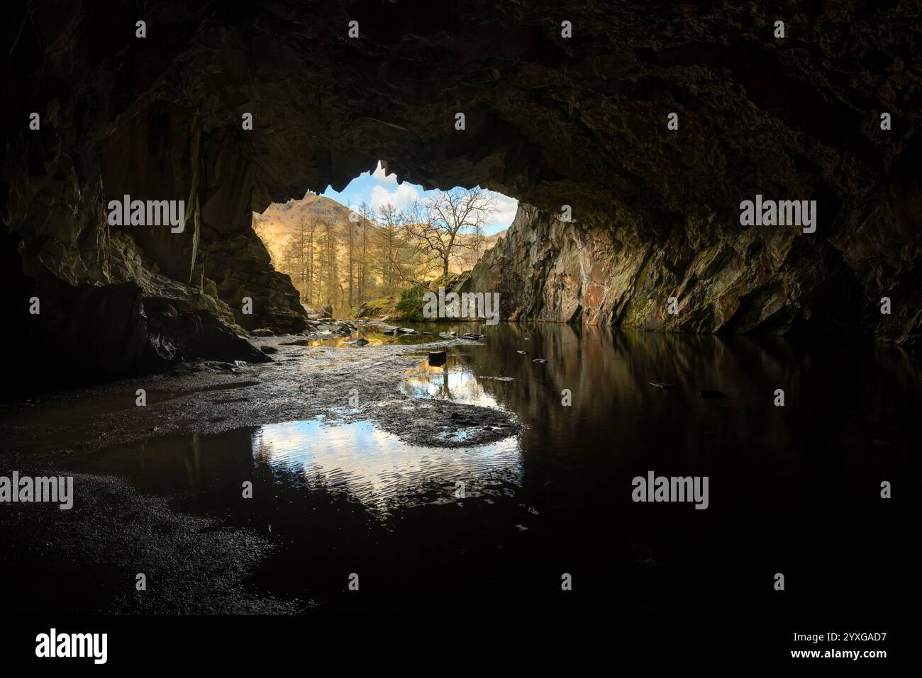 View looking out of Rydal Cave near Grasmere in the Lake District ...