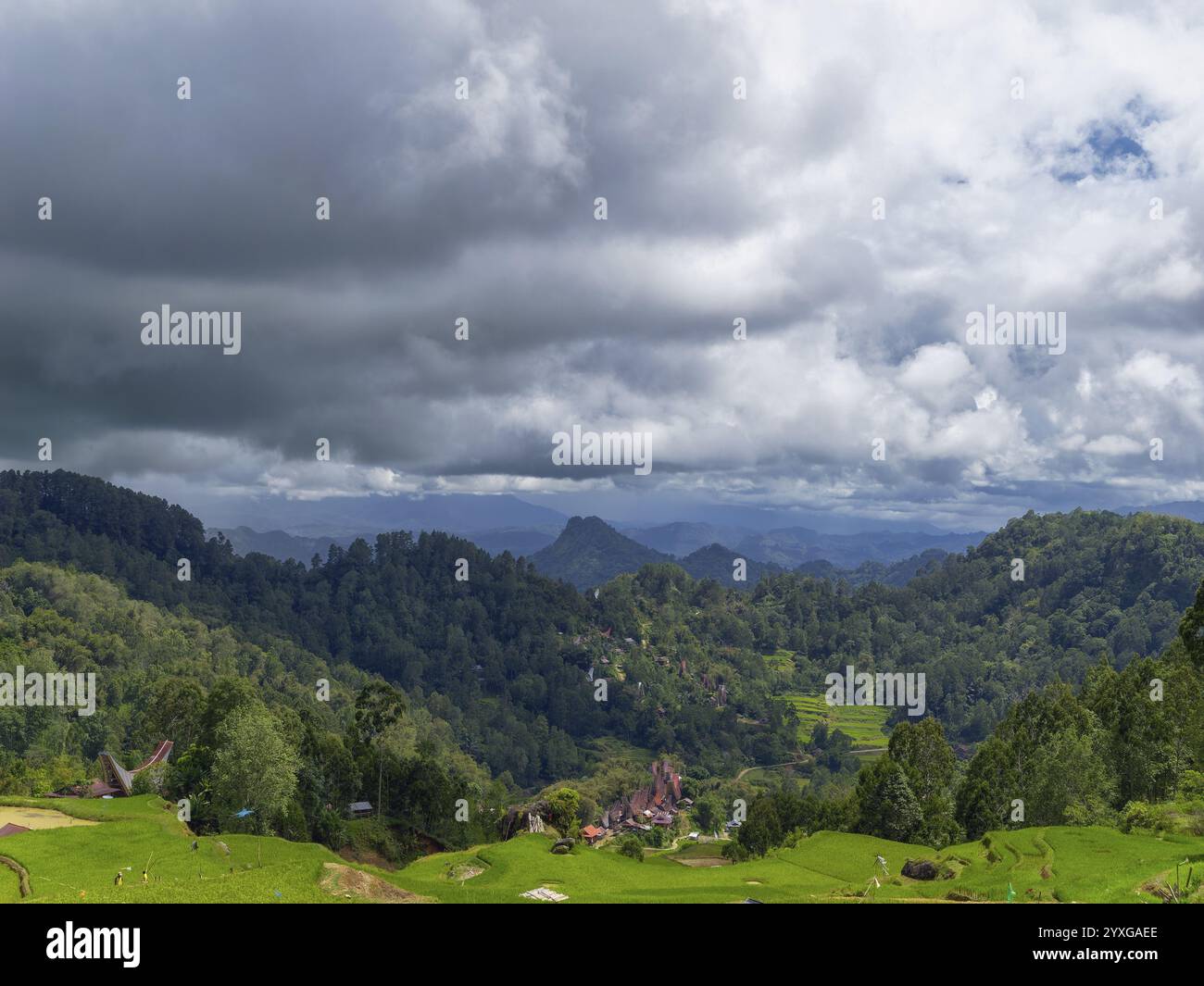 Landscape with mountains, villages and green rice terraces, Tana Toraja ...