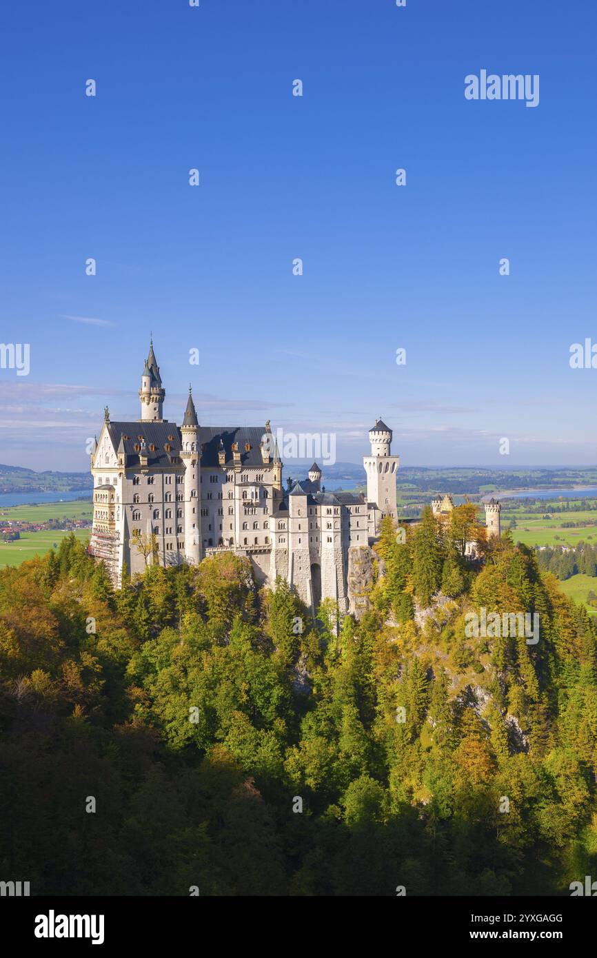 Neuschwanstein Castle stands impressively above a wide, green landscape ...