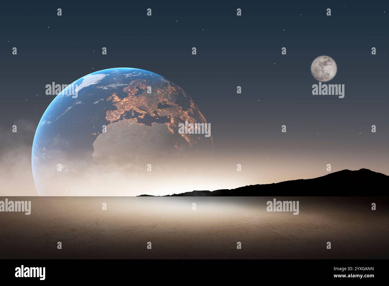 Earth rising above a distant planets horizon, with the moon in view and ...