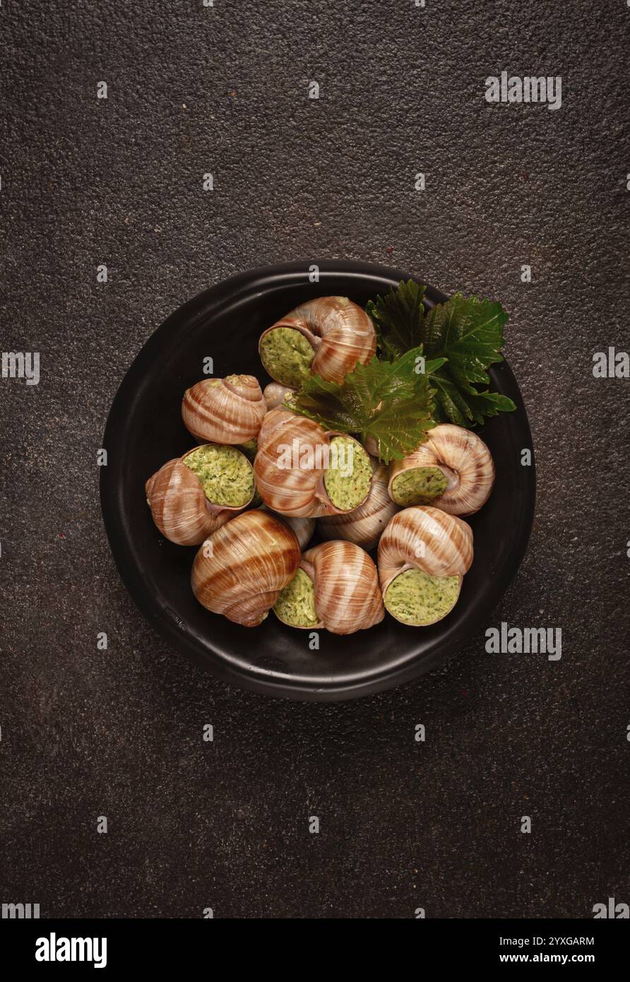 Snails stuffed in Burgundy, on a black plate, with grape leaves, French ...