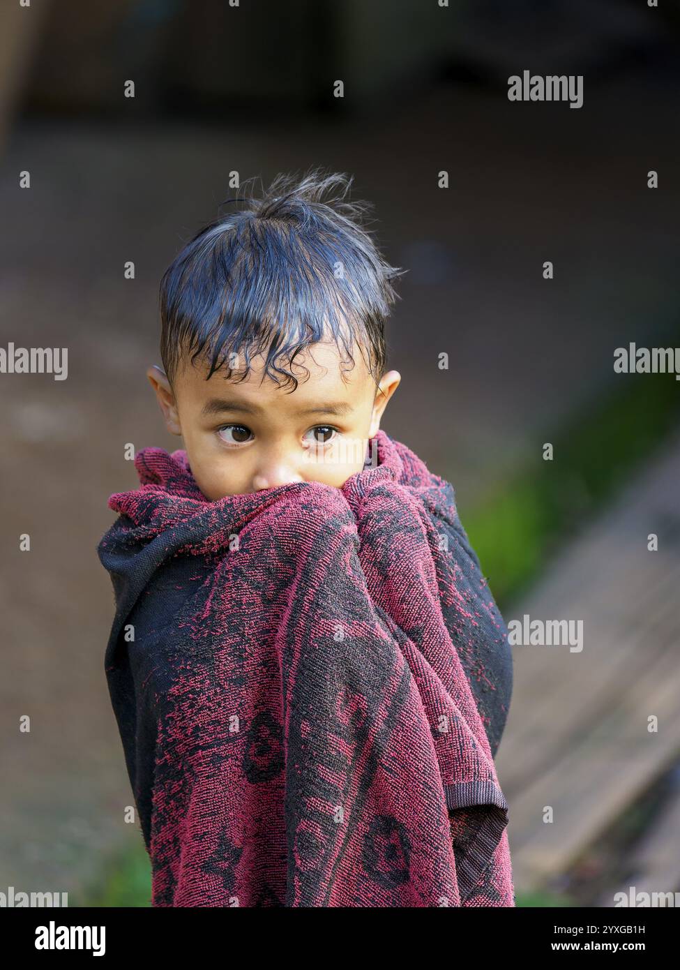 Boy with towel, Limbong village, Tana Toraja, Sulawesi, Indonesia, Asia ...