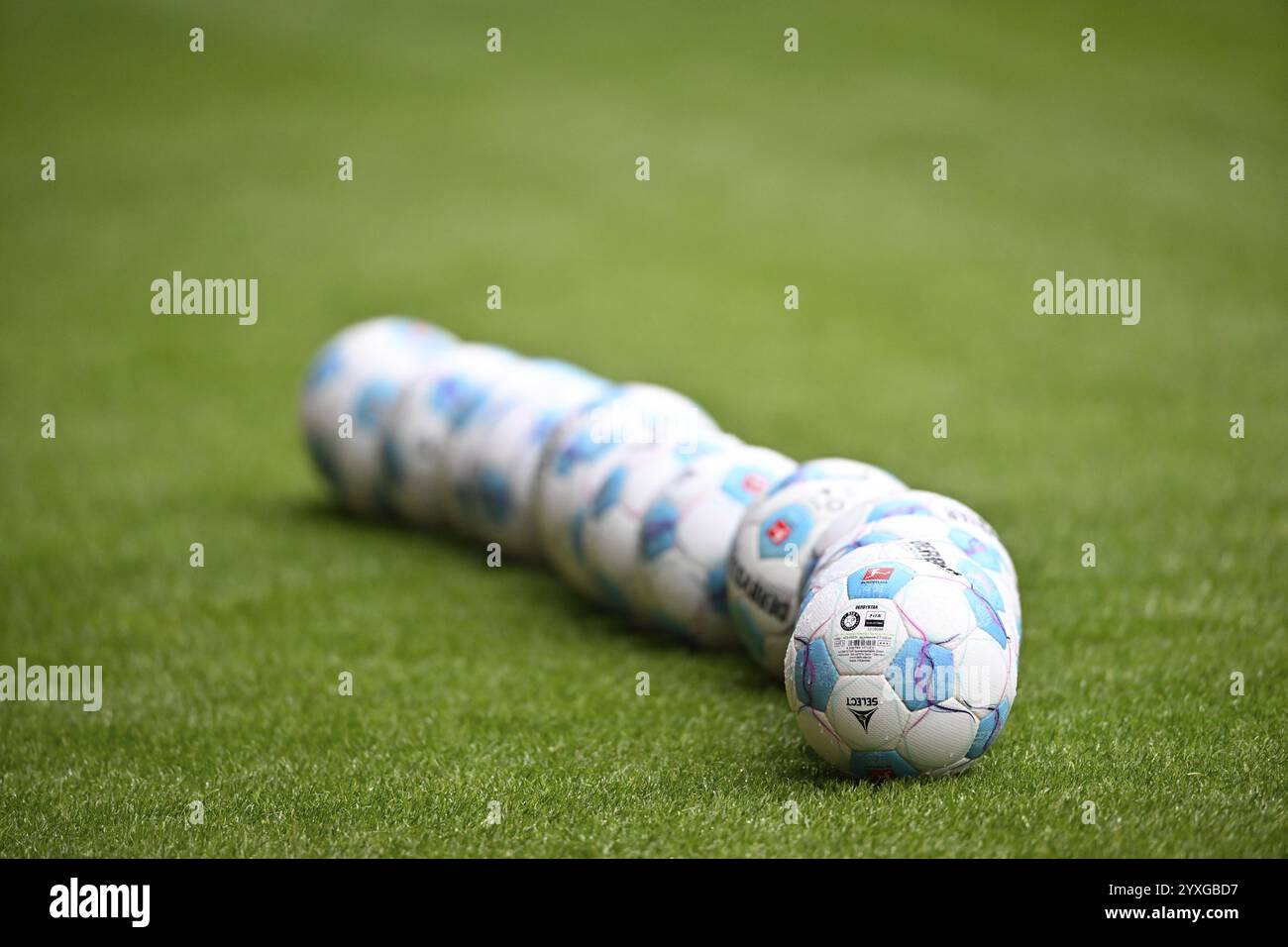 Adidas Derbystar match balls on the pitch, WWK Arena, Augsburg, Bavaria ...