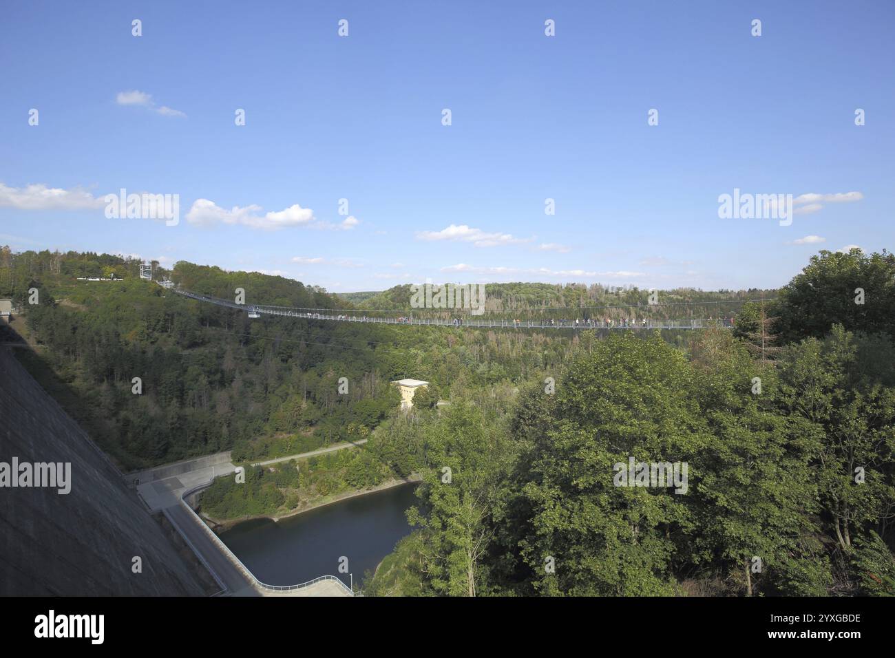 Titan-RT pedestrian suspension bridge with Rappbode dam over the river ...