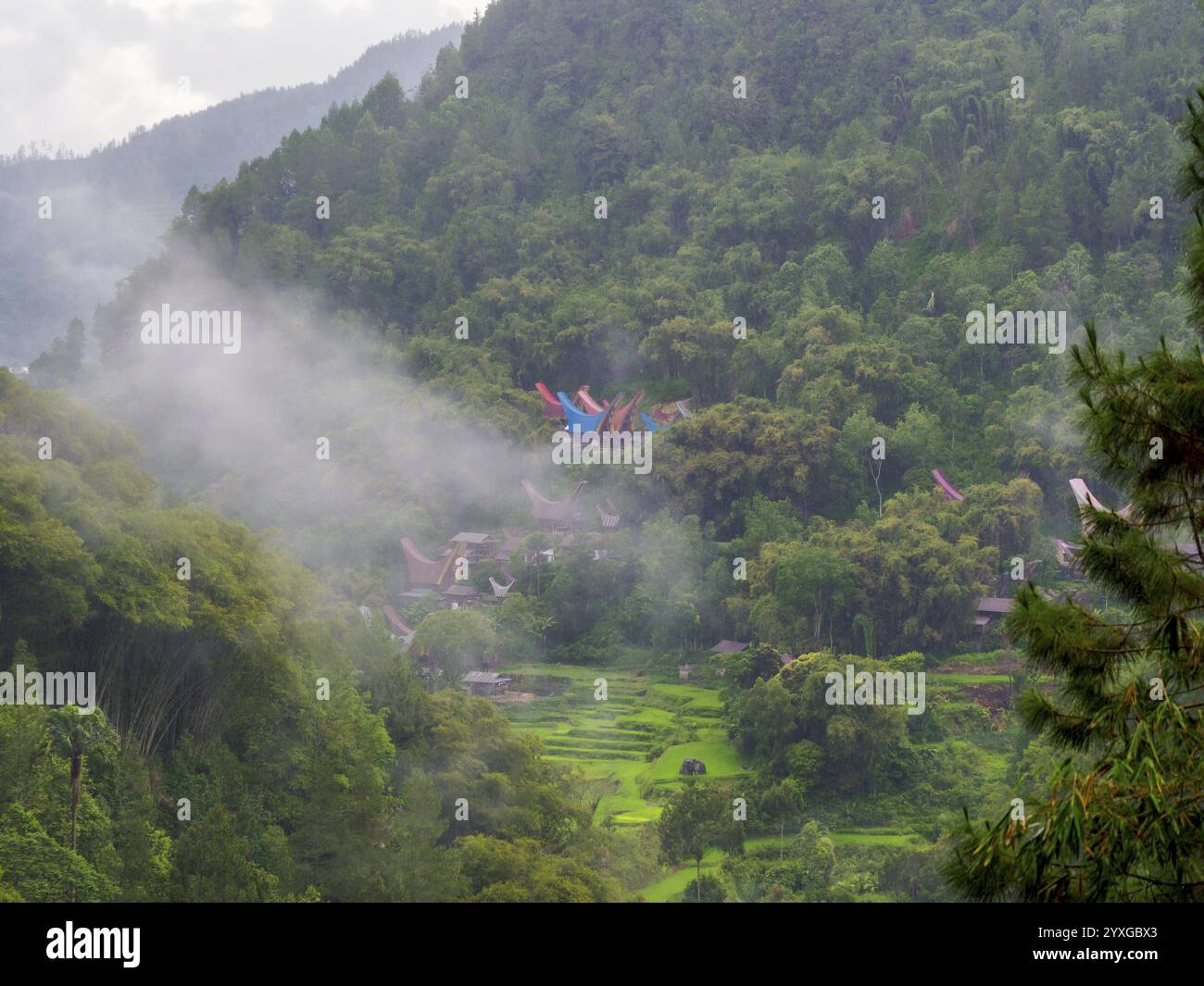 Tropical mountain landscape with traditional villages and rice paddies ...