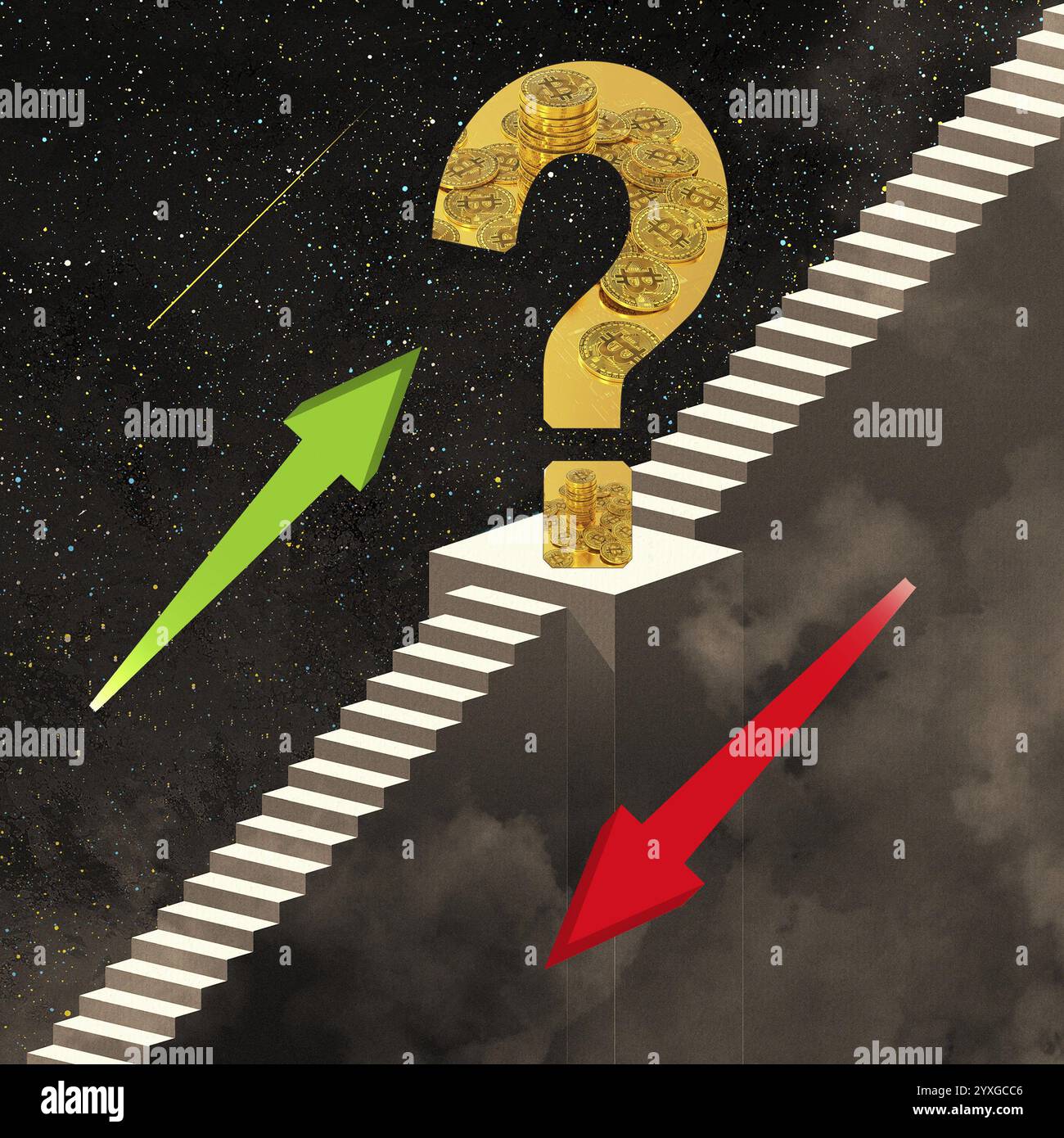 Symbol image, Bitcoin on question mark, stock market prices, insecure ...