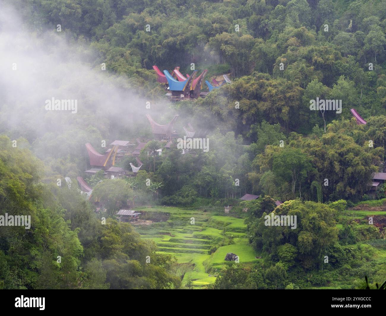 Tropical mountain landscape with traditional villages and rice paddies ...