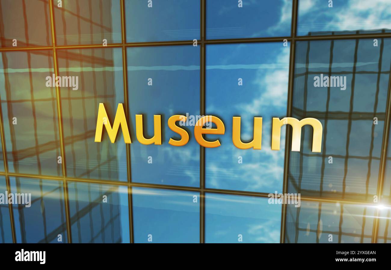 Museum glass building concept. Art gallery symbol on front facade 3d ...
