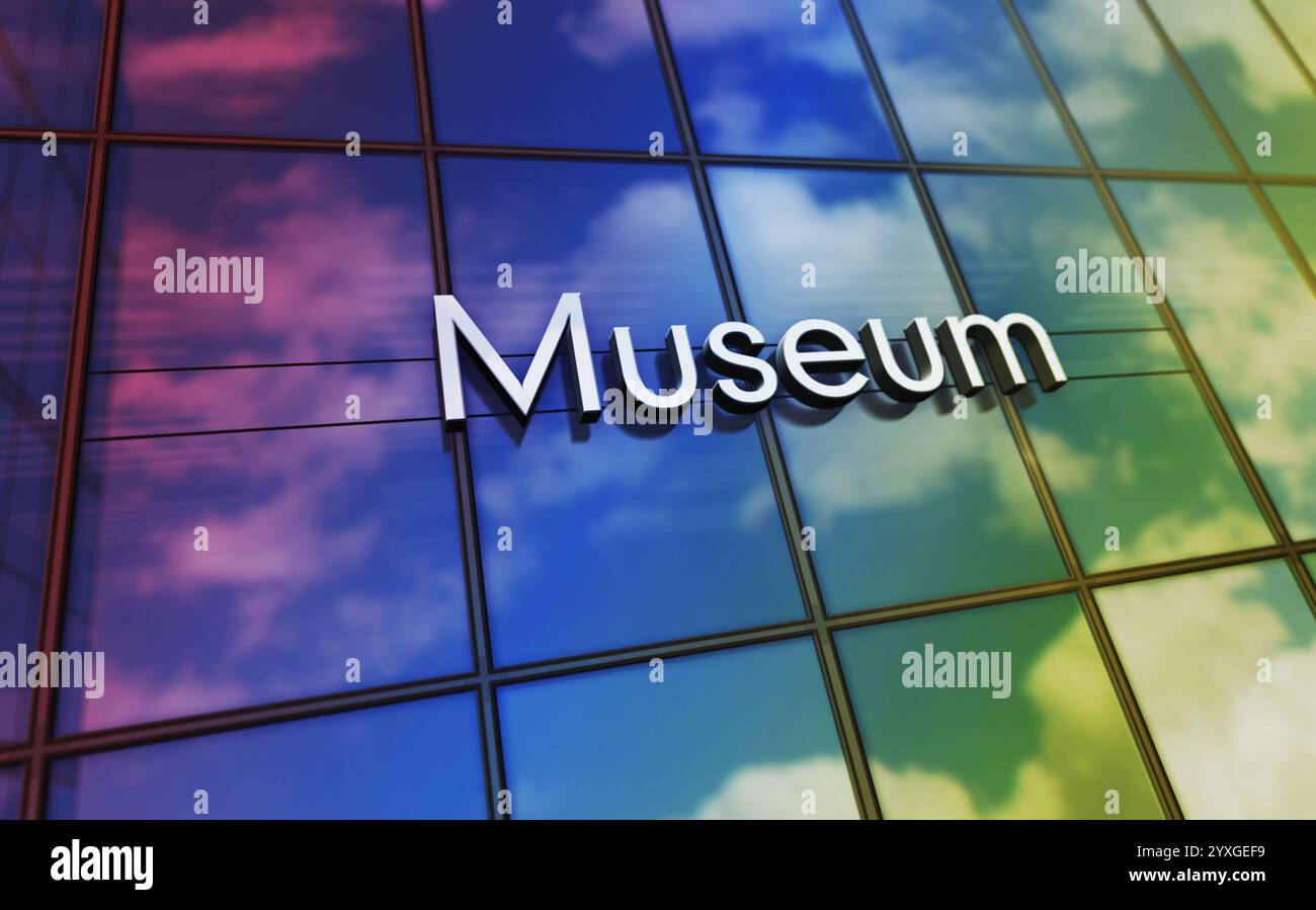 Museum glass building concept. Art gallery symbol on front facade 3d ...