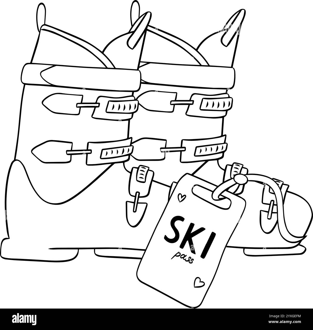 Skiing boots vector graphic line composition with ski pass card ...