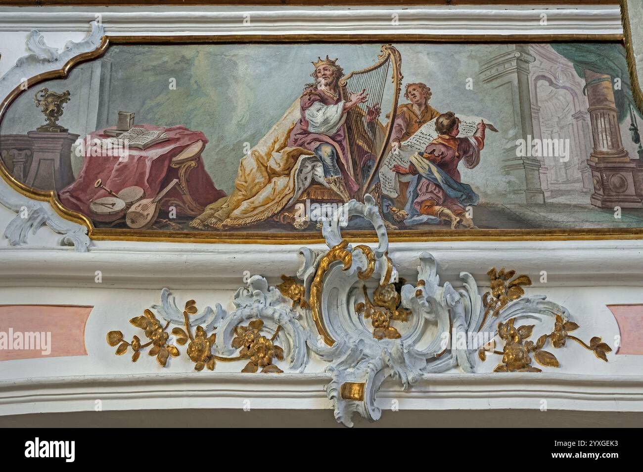 Painting and stucco on the organ loft in the rococo church of St Ulrich ...