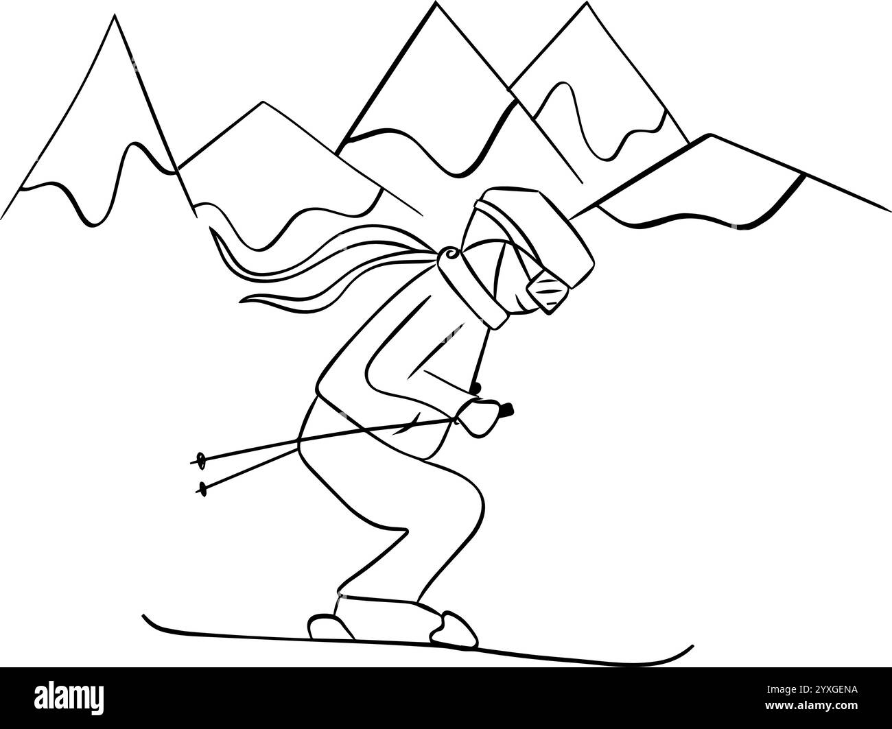 Sketch of mountains and skier, vector graphic line composition. Hand ...