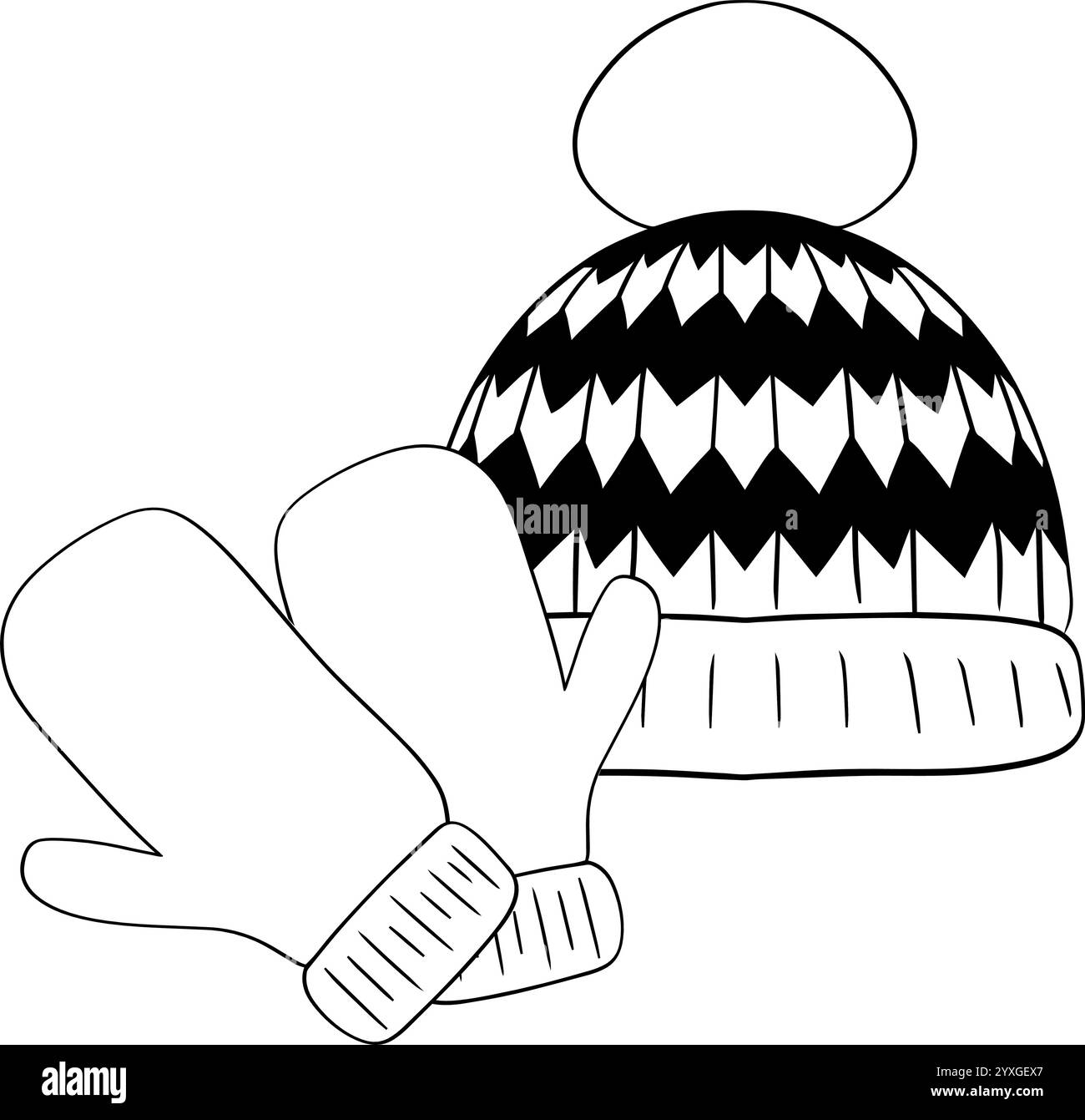 Graphic line composition with winter hat and mittens. Vector hand drawn ...