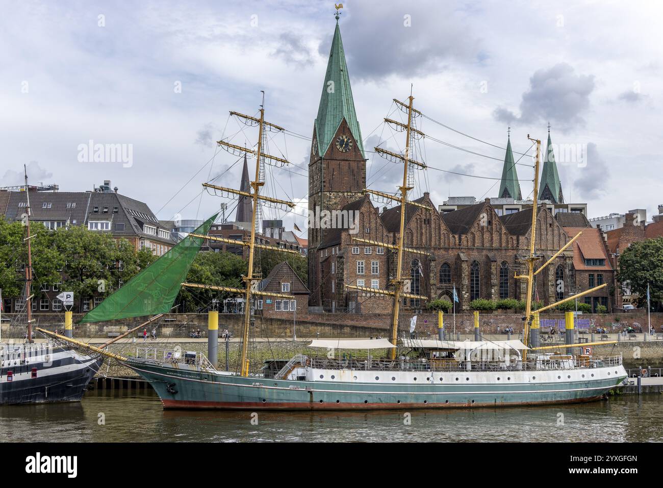 Sailing ships Alexander von Humboldt on the banks of the Weser with the ...
