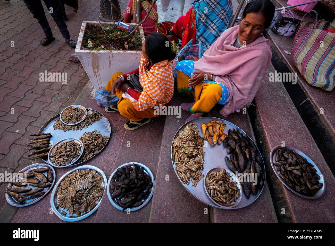 Elderly Meitei women wait to sell dry fish in the Ima market which is ...