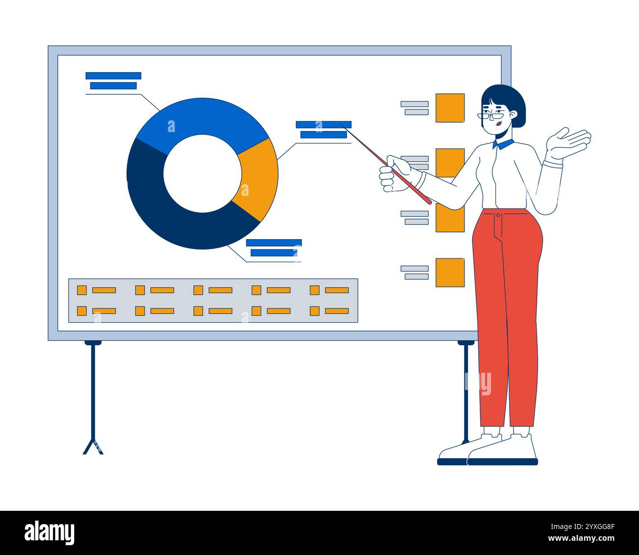 Asian woman manager pointing on pie chart presentation board 2D cartoon ...