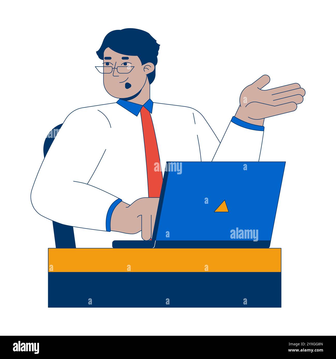 Shrugging arab man office worker typing laptop at desk 2D cartoon ...
