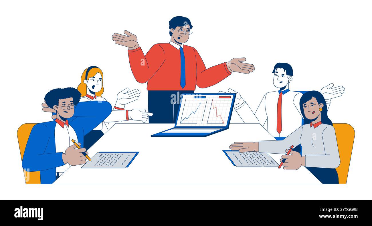 Diverse coworkers discussing downward upward graph laptop 2D cartoon ...