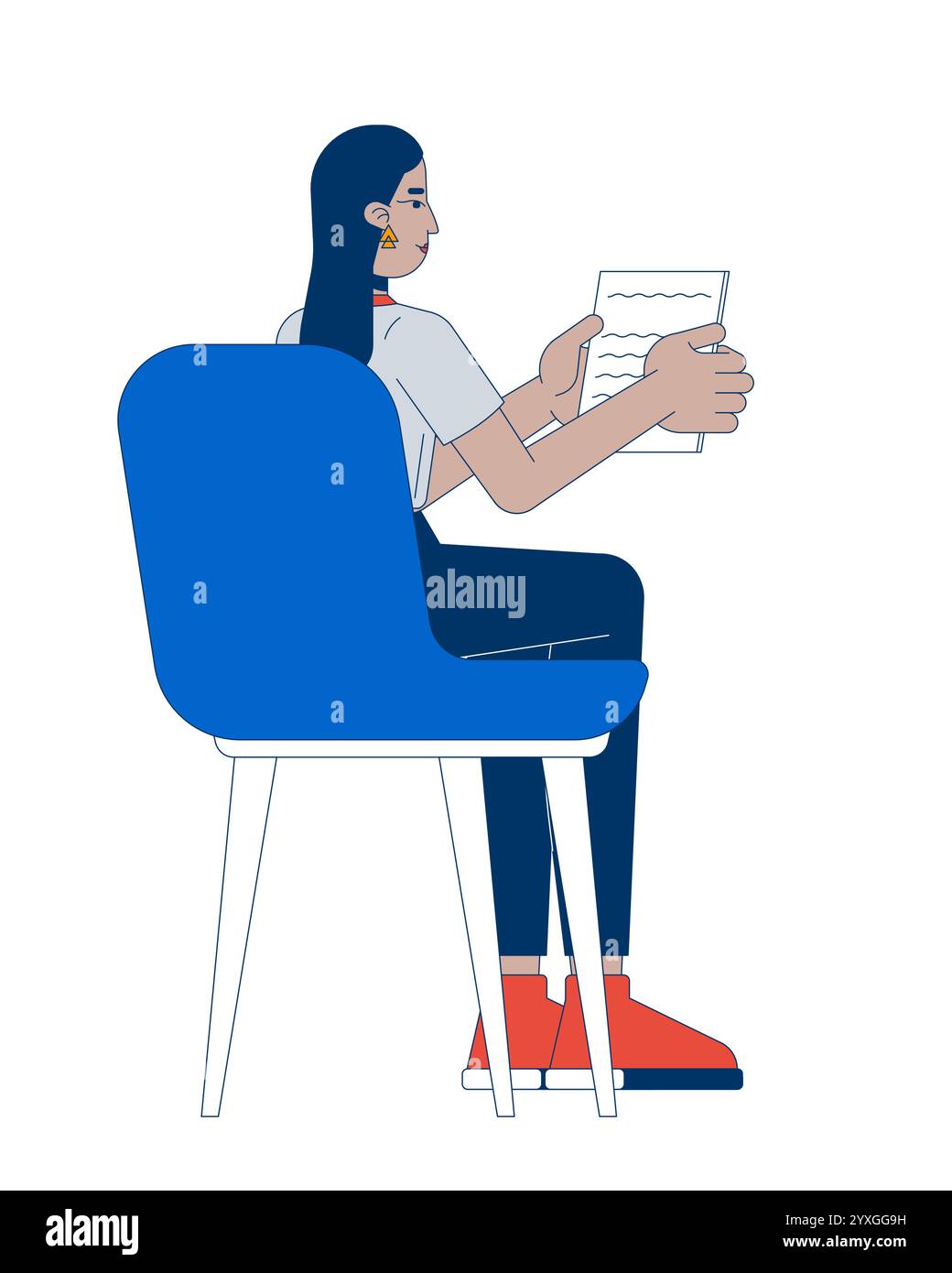 Sitting chair middle eastern female employee holding notes 2D cartoon ...
