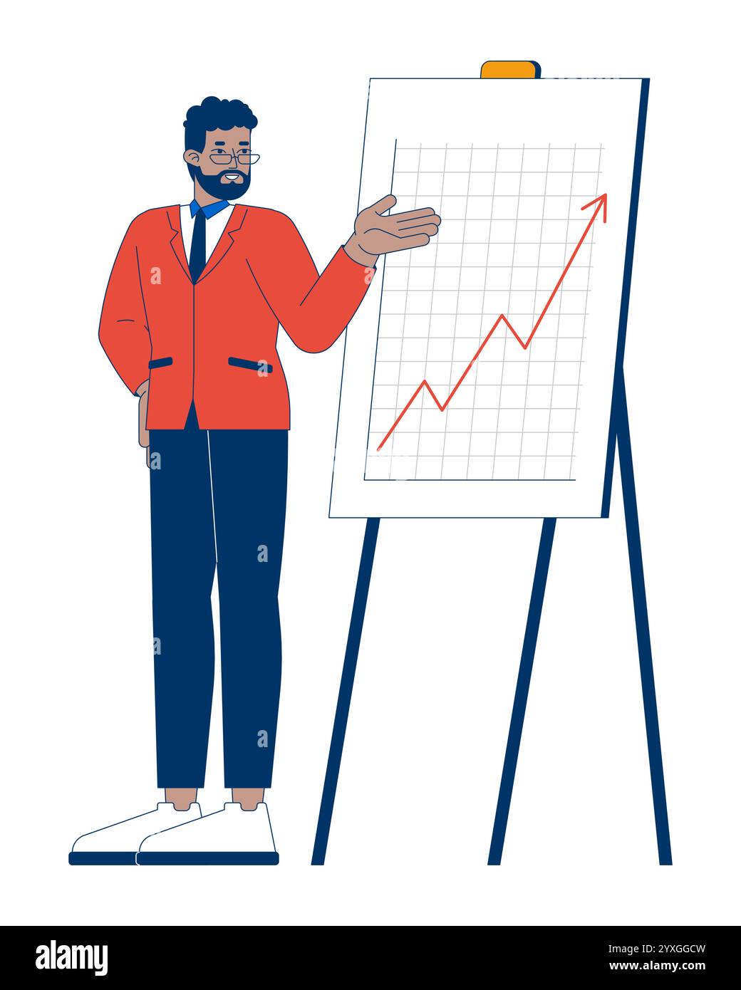 Black man manager pointing on line graph upward arrow easel 2D cartoon character Stock Vector ...
