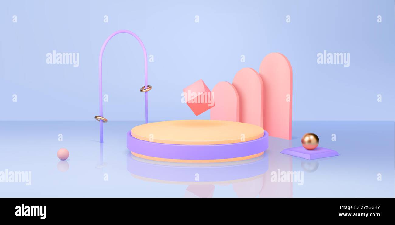 Abstract podiums. Geometric playground scene, block and pastel ball ...