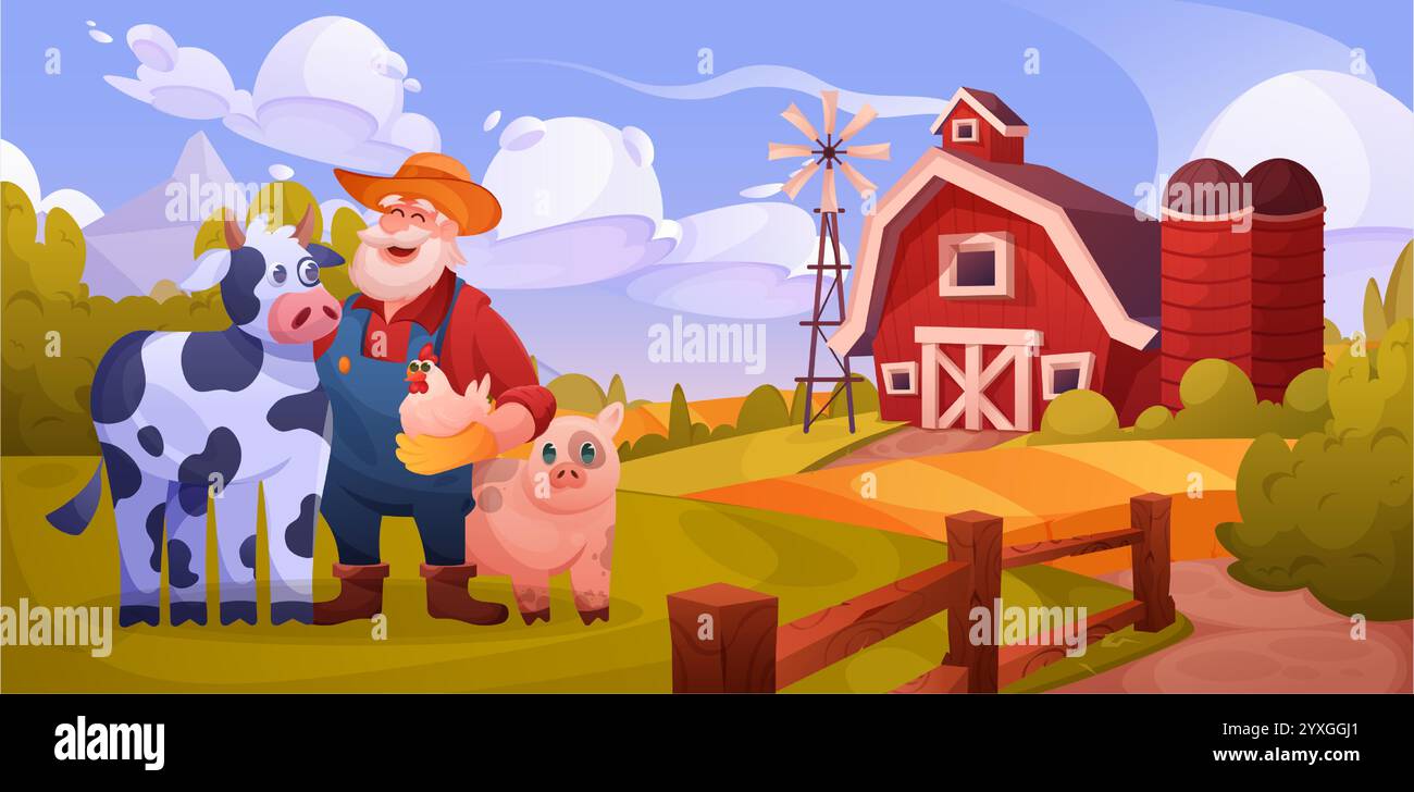 Farm and farmer. Animal chicken, cow and pig in fun village scene ...