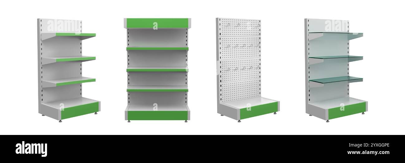 Store shelf. Rack display mockup. 3D supermarket interior stand. Shopping white shelves. Empty ...