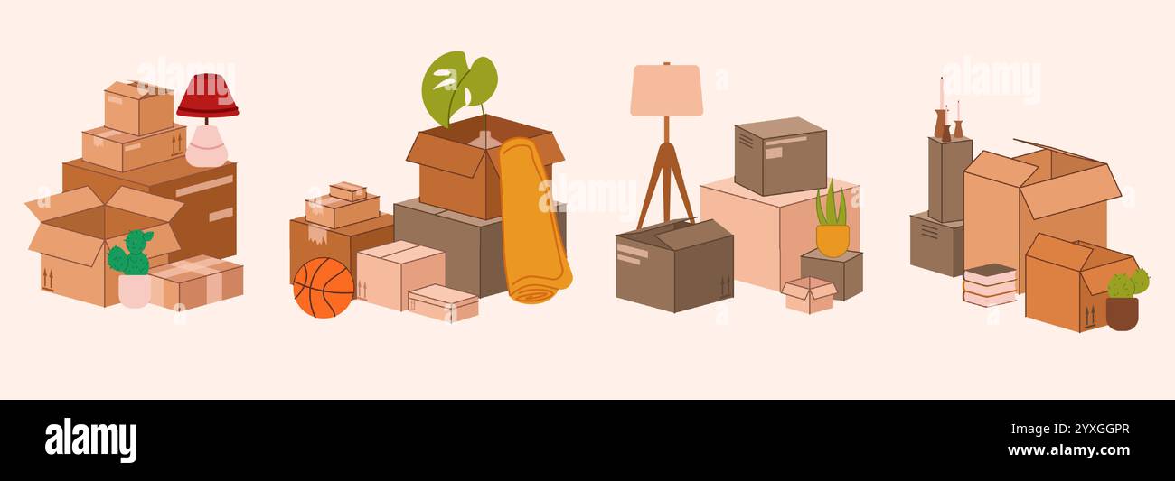 Boxes pile. House relocation. Cardboard containers stack. Carton home ...
