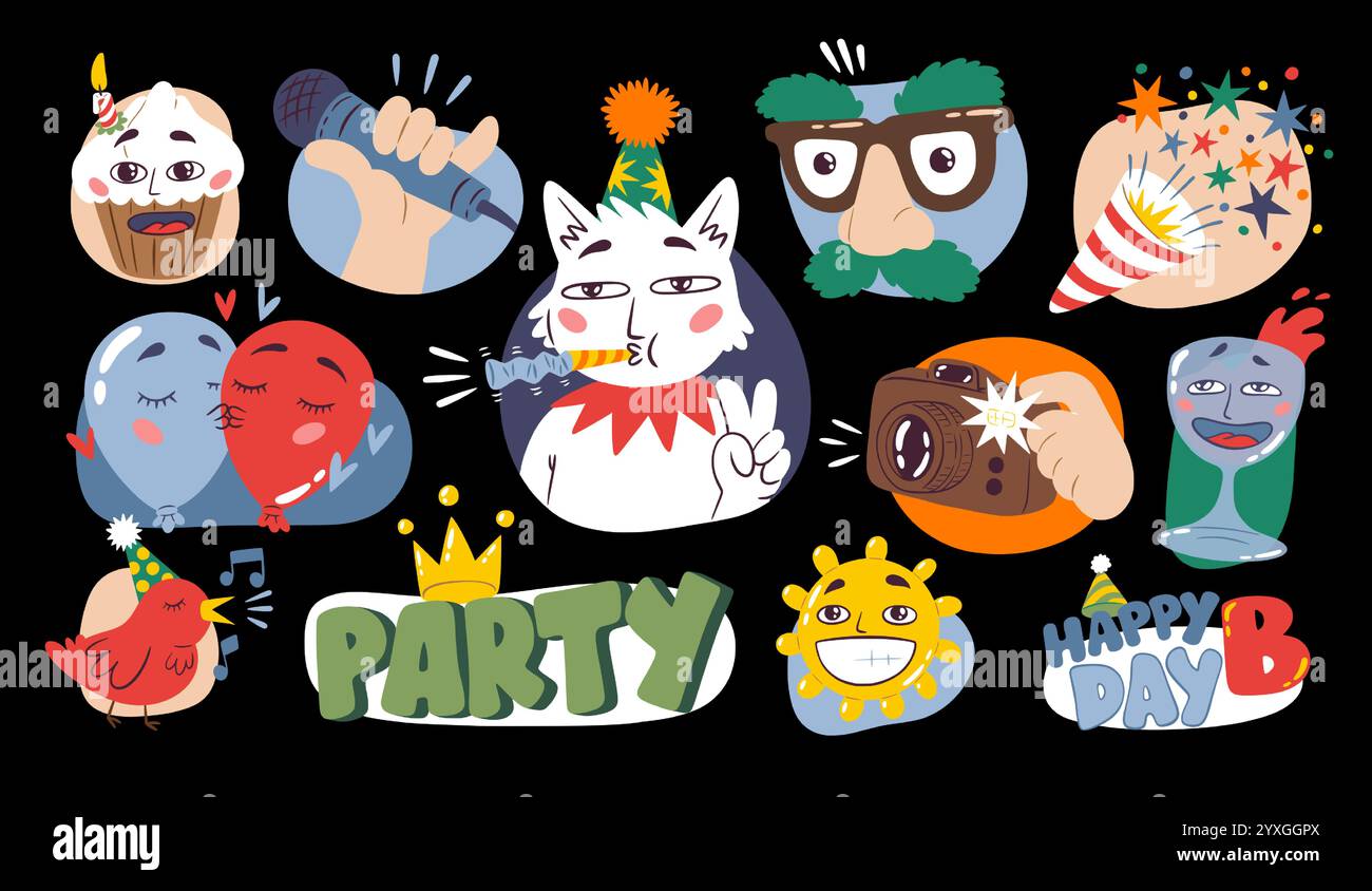 Party stickers. Cute birthday characters. Funny cake and happy ...