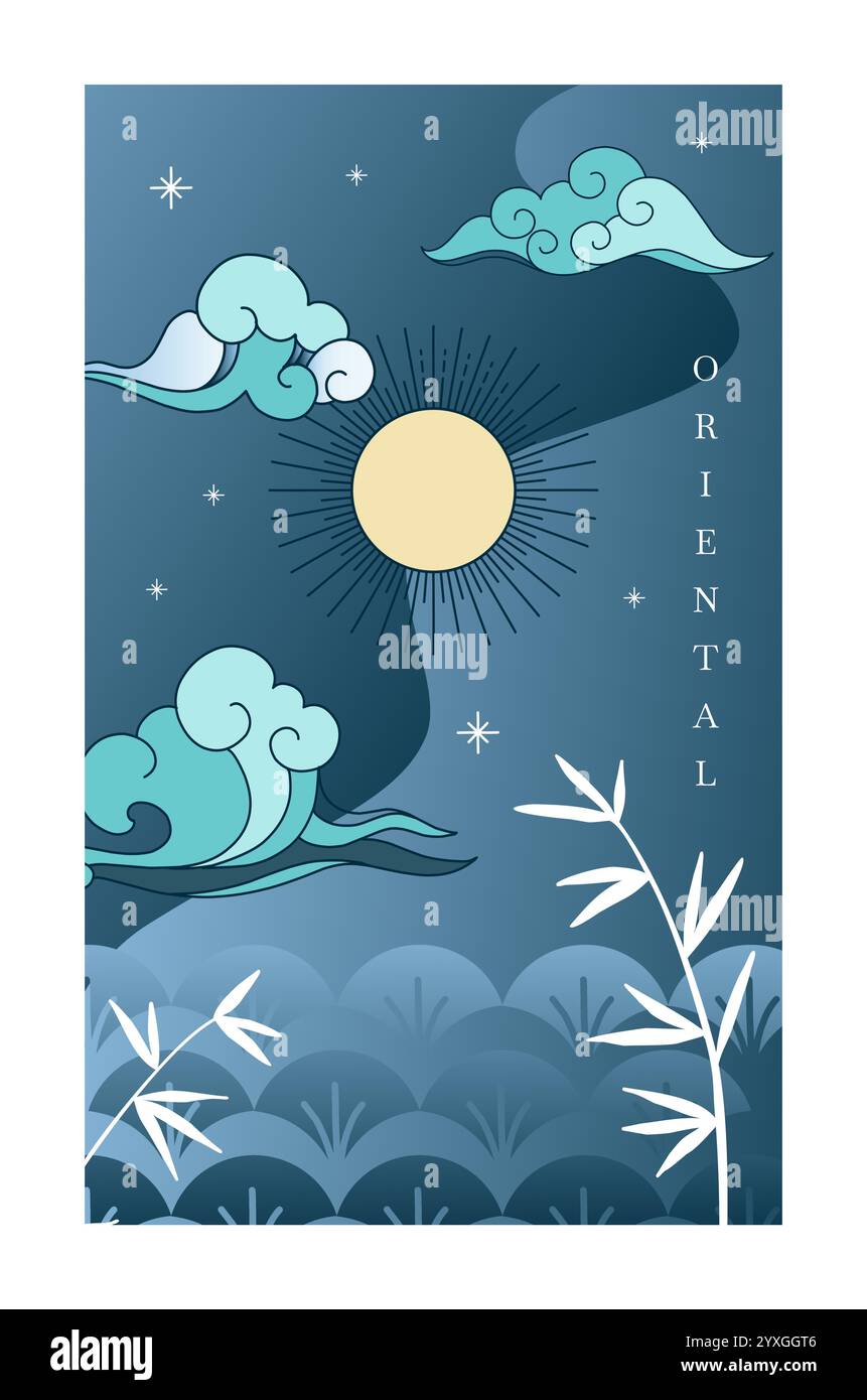 Chinese poster. Oriental bamboo plant, sun and cloud. Blue background ...