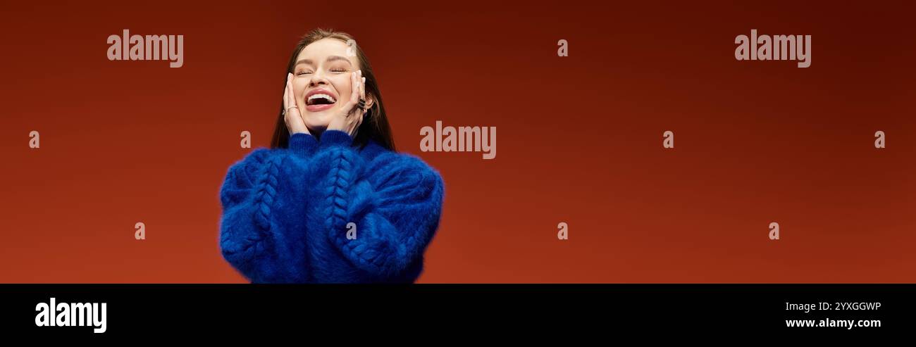 A vibrant and stylish woman smiles widely, showcasing her joy with ...