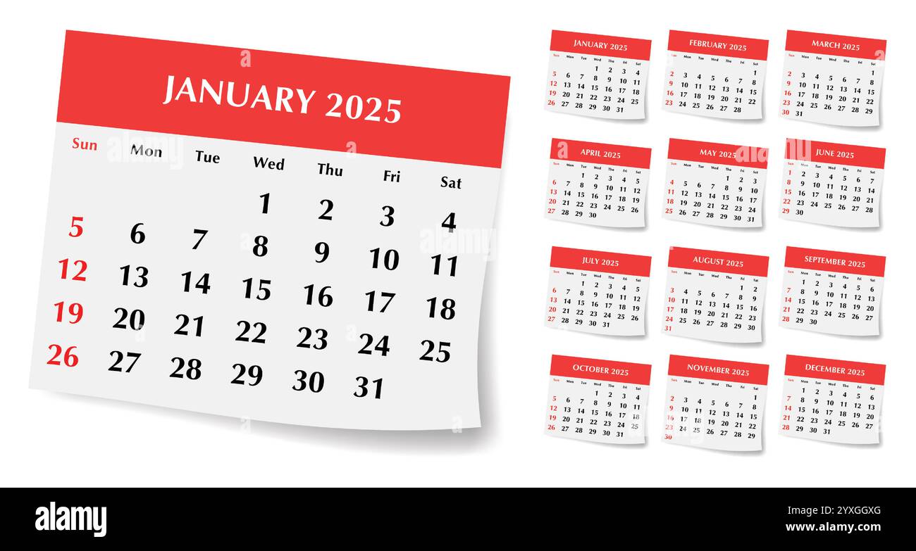 Monthly calendars for 2025. Vector collection in English for each month ...