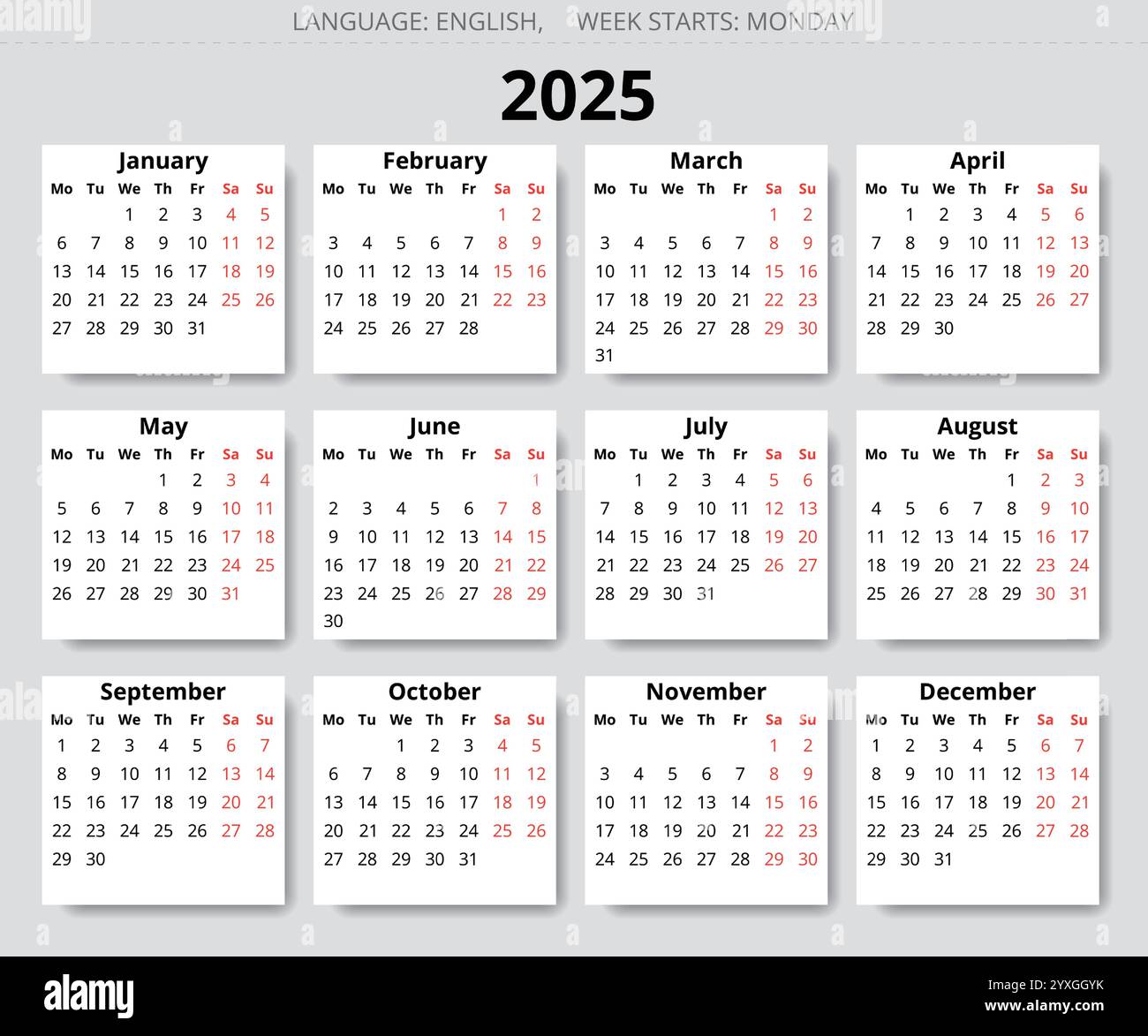 2025 year english vector calendar with 12 months (with shadow). Week ...