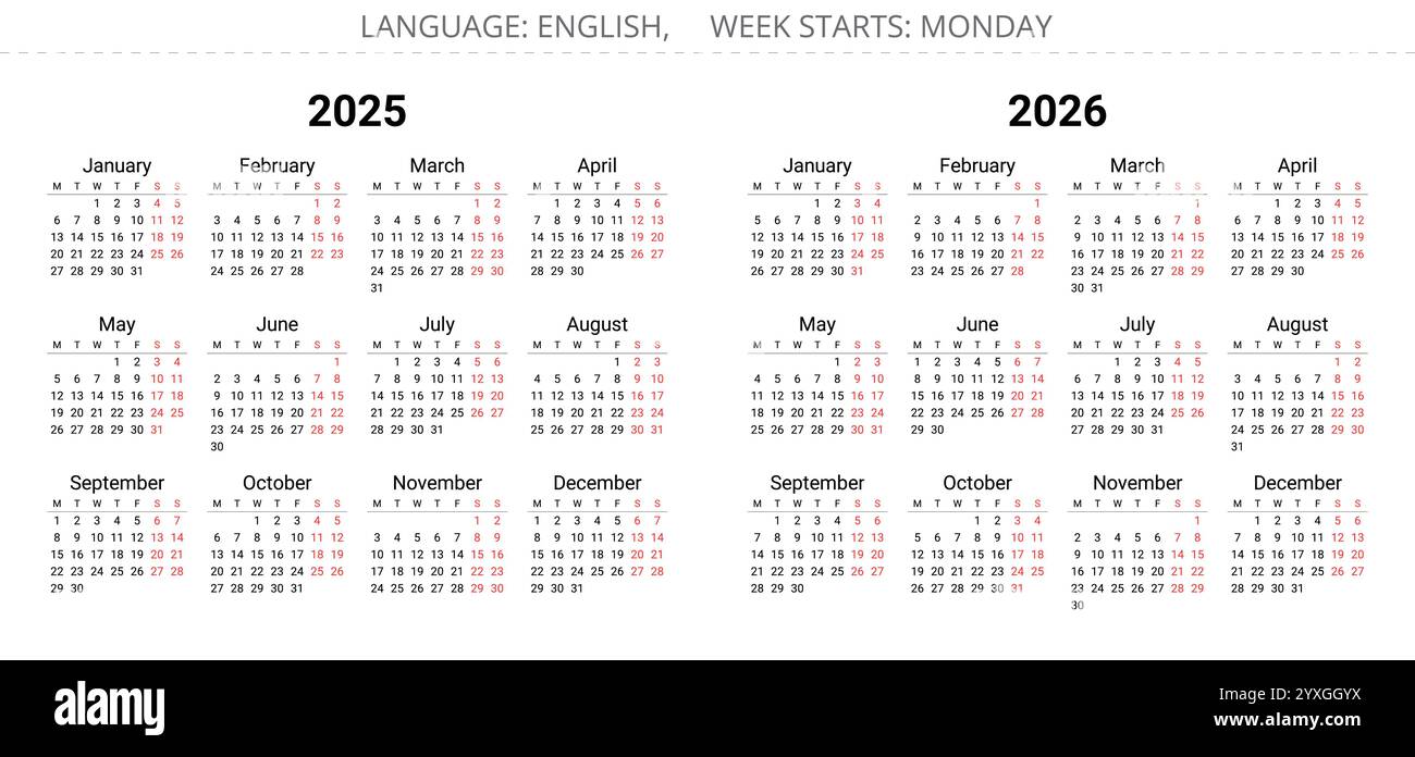 2025 and 2026 year english vector calendars with 12 months. Week starts monday Stock Vector ...
