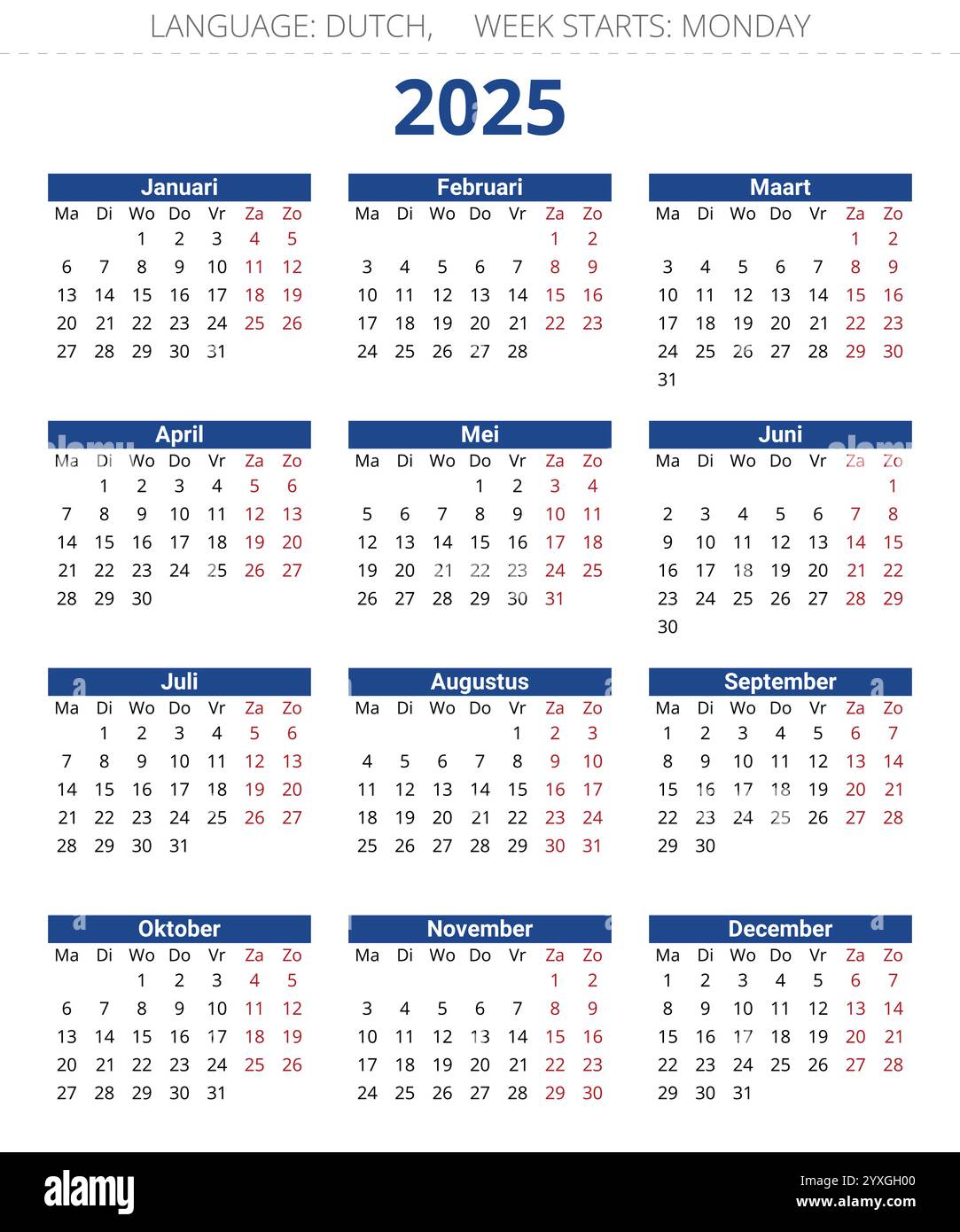 2025 year dutch calendar. Vector illustration in colors of flag of ...