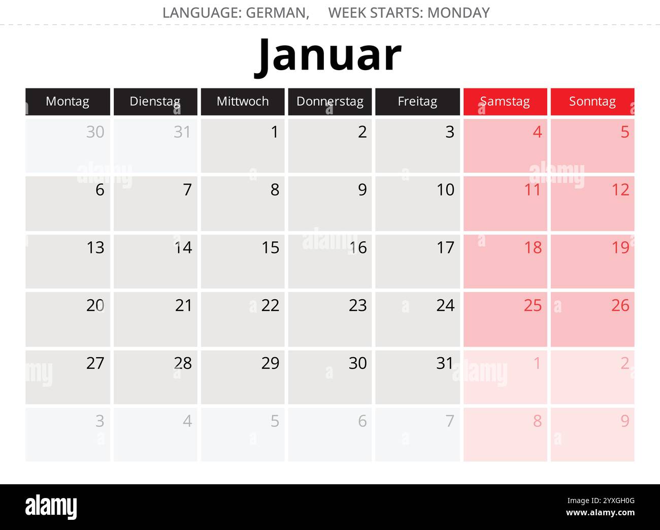 German calendar for January 2025. Vector illustration of a winter month ...