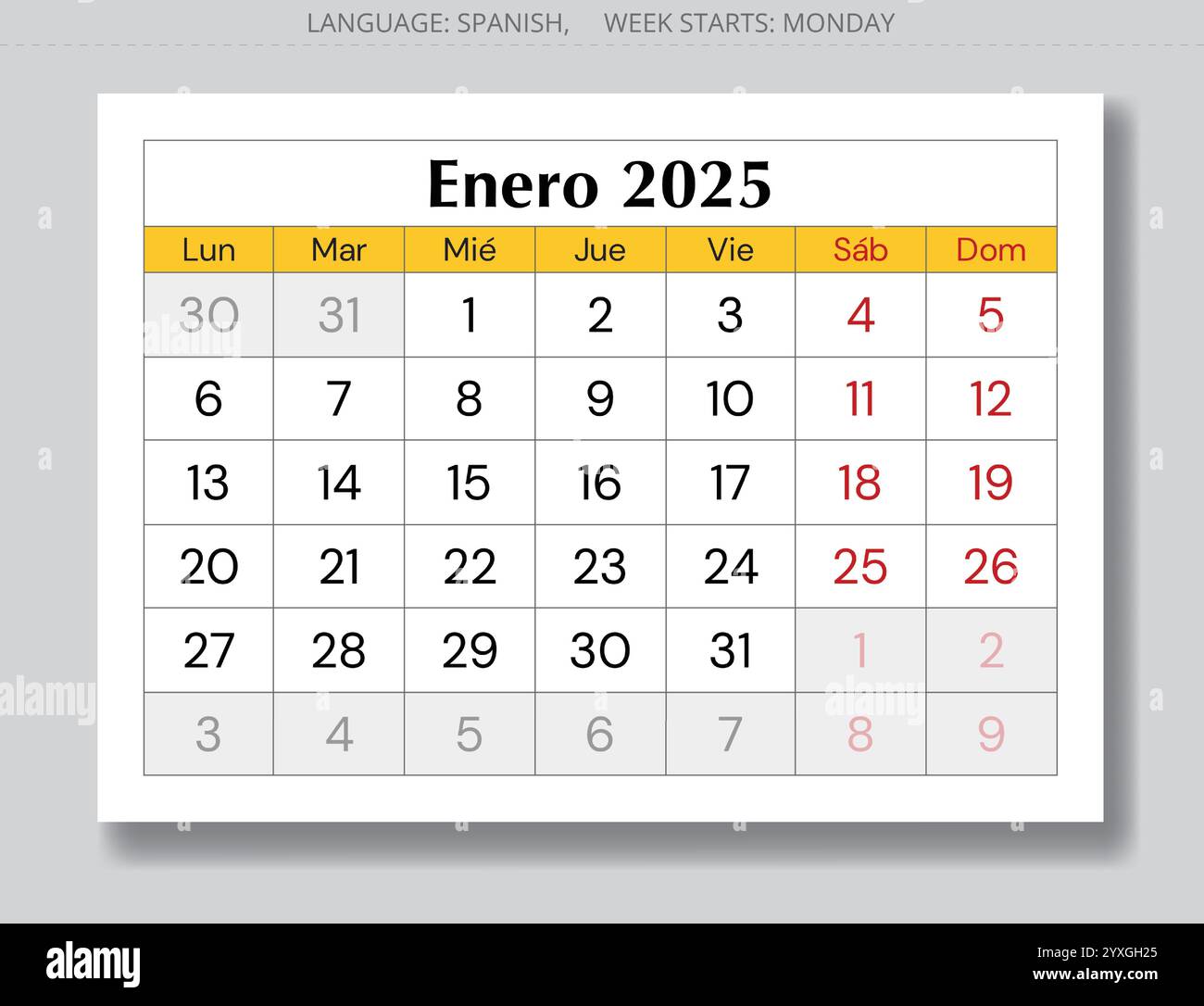 Page of 2025 Spanish January calendar - month Enero. Vector ...