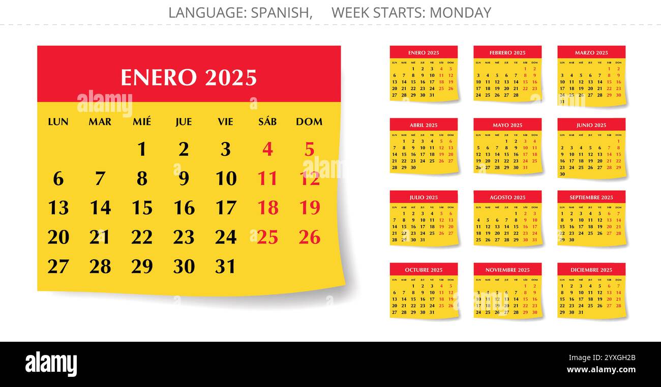 Collection of Spanish calendars for 2025. Vector illustration for each ...