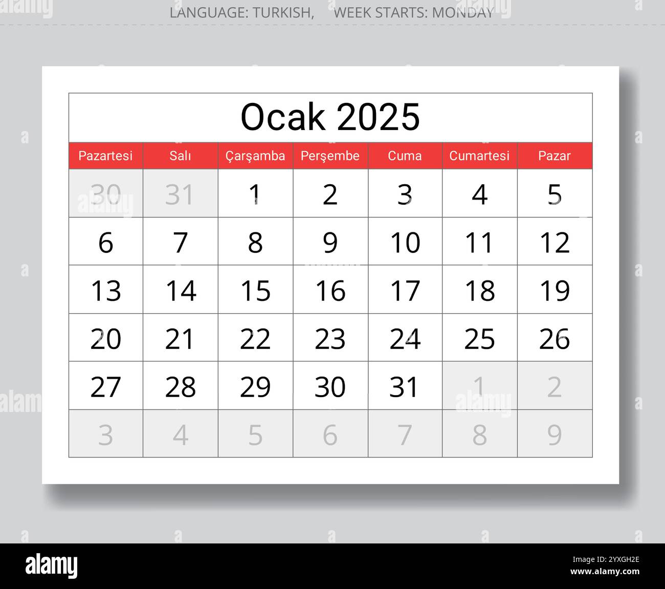 Page of Turkish calendar for January 2025 - takvim ocak. Vector ...