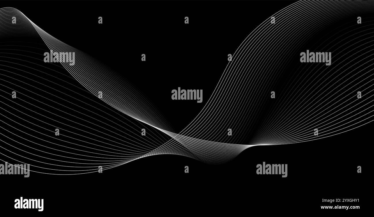 Abstract Black Background With Flowing White Curved Lines Creating A Wave Effect Vector