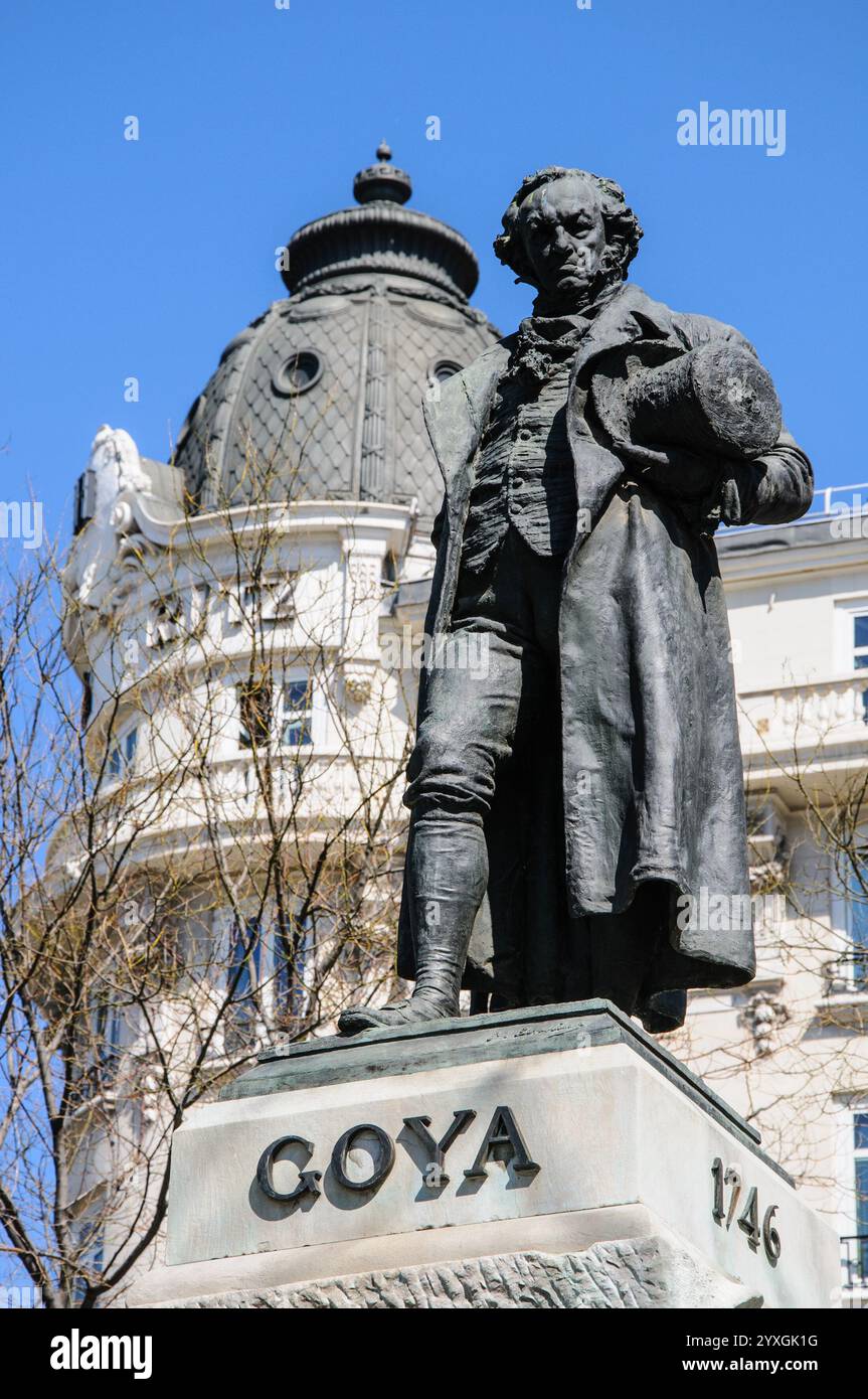 Madrid, Spain. Statue: Francisco de Goya (1746–1828) Spanish painter ...