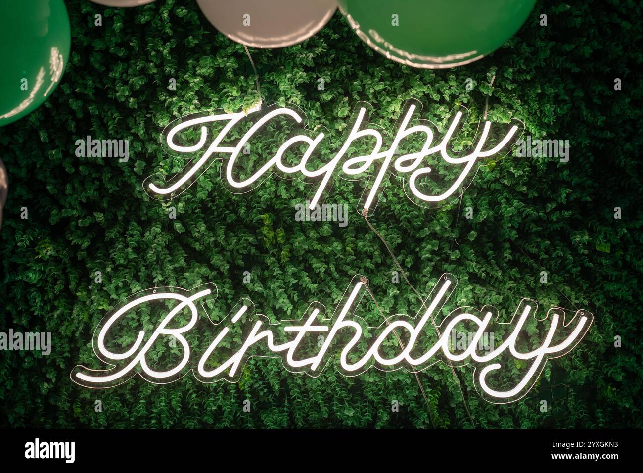 Happy Birthday Neon Signage with Grass Wall and Balloons Stock Photo ...