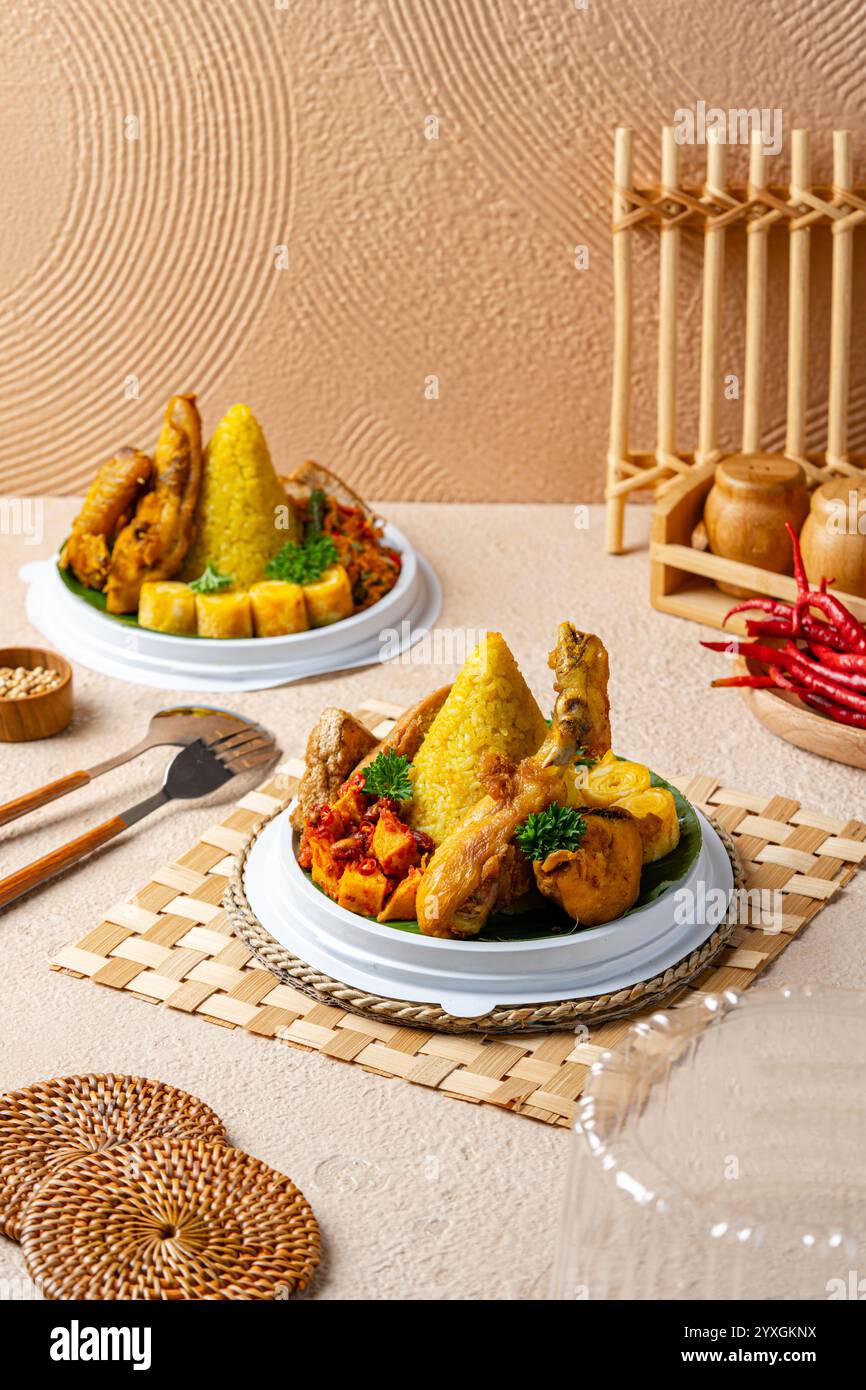 Tumpeng is an Indonesian cone-shaped rice dish with side dishes of ...