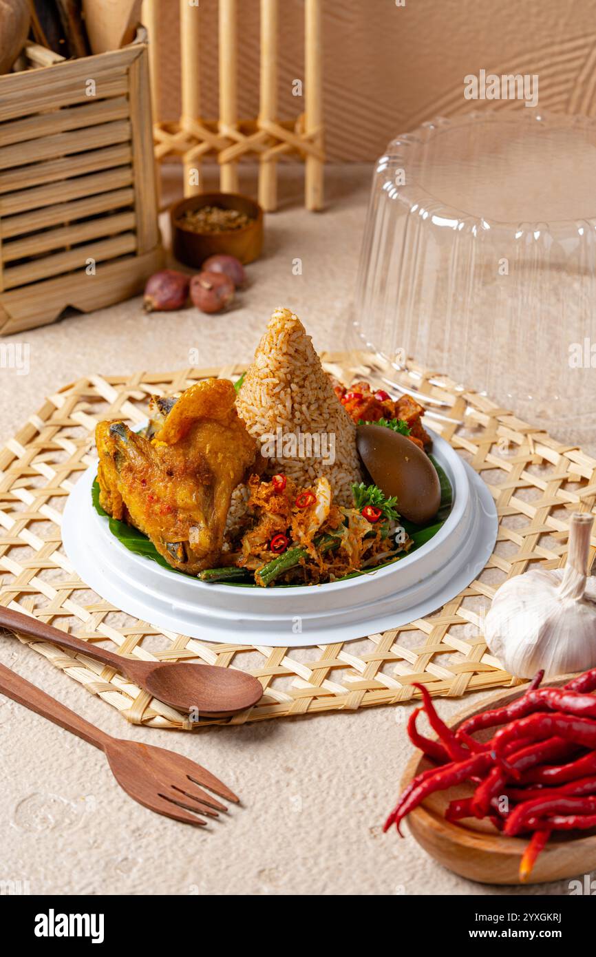 Tumpeng is an Indonesian cone-shaped rice dish with side dishes of ...