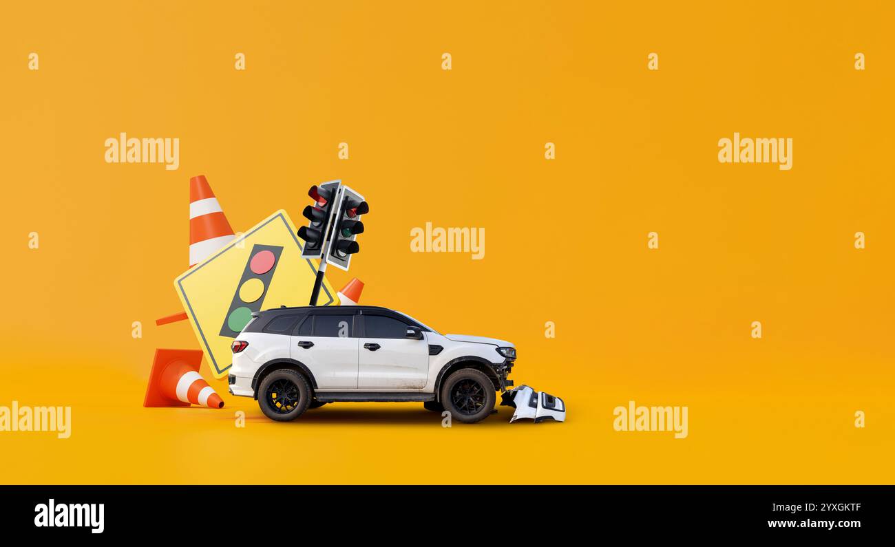 damaged car with traffic lights, safety cones, and a road sign on a ...